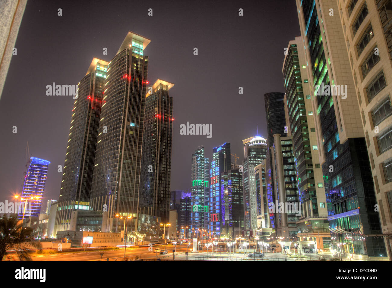 Doha downtown at night. HDR image. Doha, Qatar, Middle East Stock Photo ...