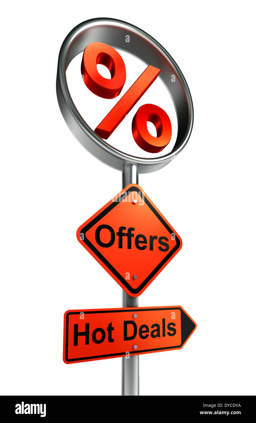 offers road sign with discount symbol and word hot deals on white ...