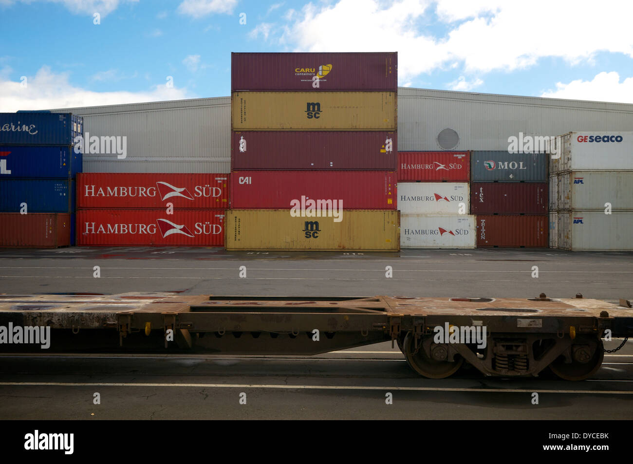 Ocean-going containers stacked and awaiting shipment at Auckland ...