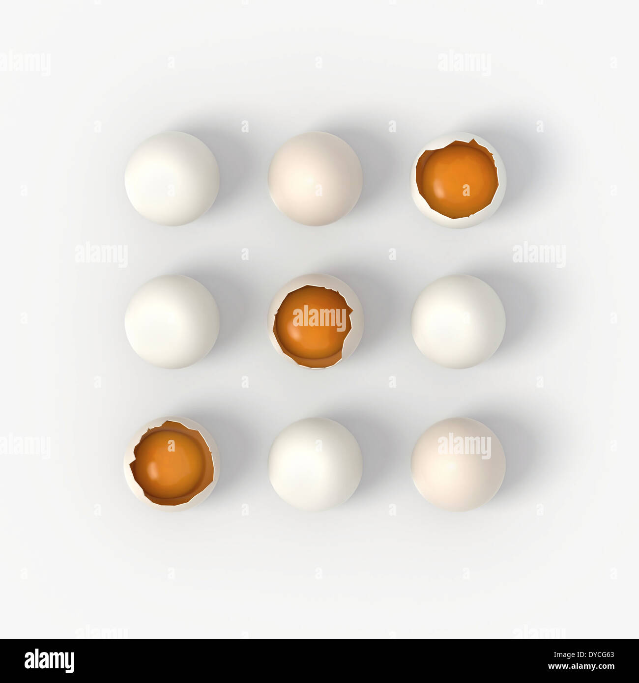 Easter 3d render illustration of crashed eggs in rows like Naughts and ...