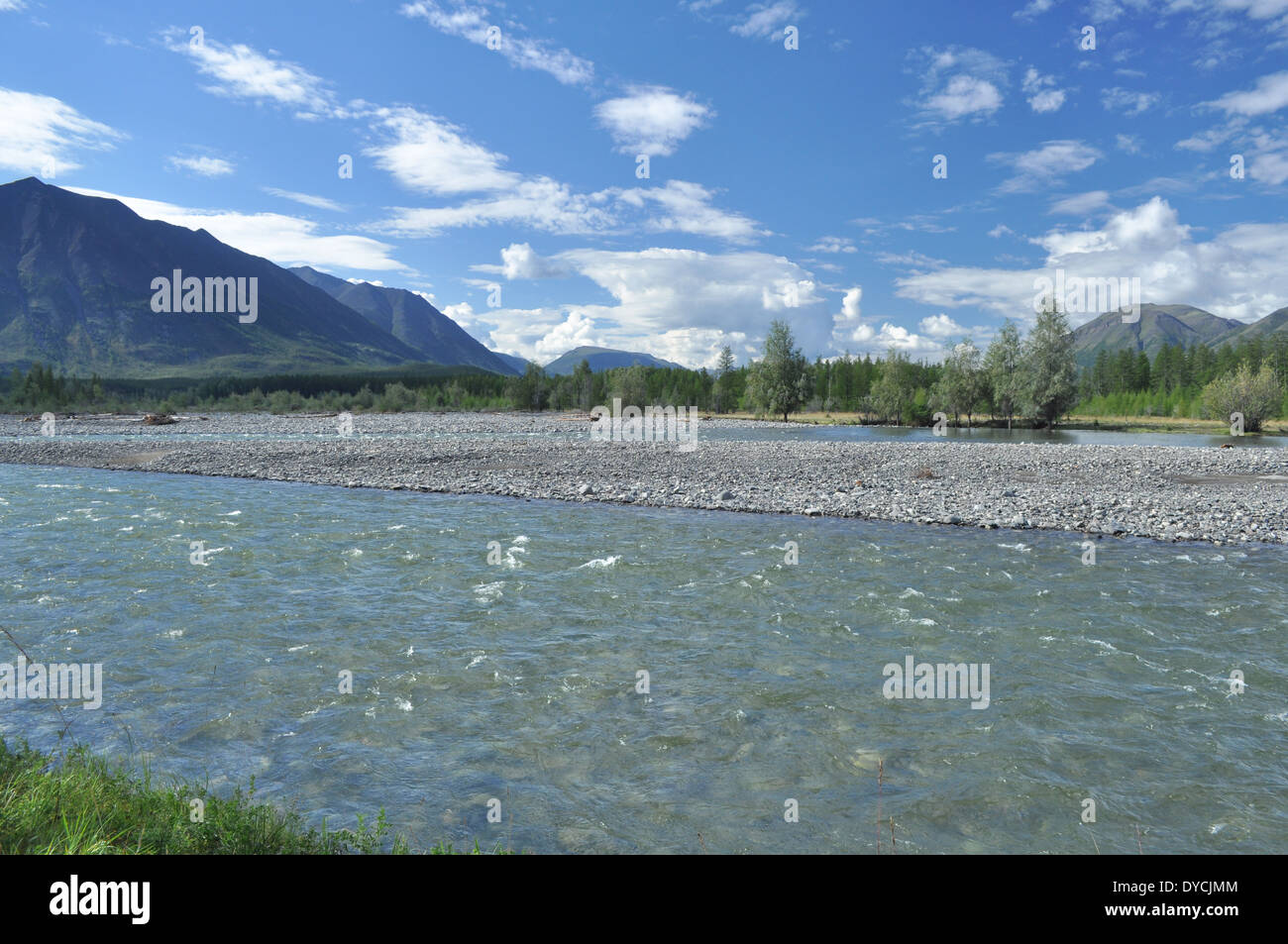 River flowing in a mountain valley. Landscape wildlife. Russia, Yakutia ...