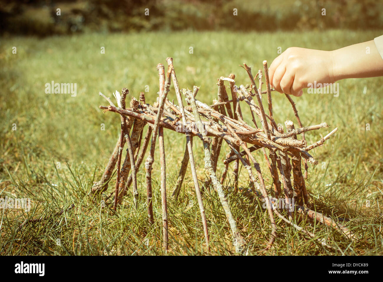 Young child building with sticks Stock Photo - Alamy
