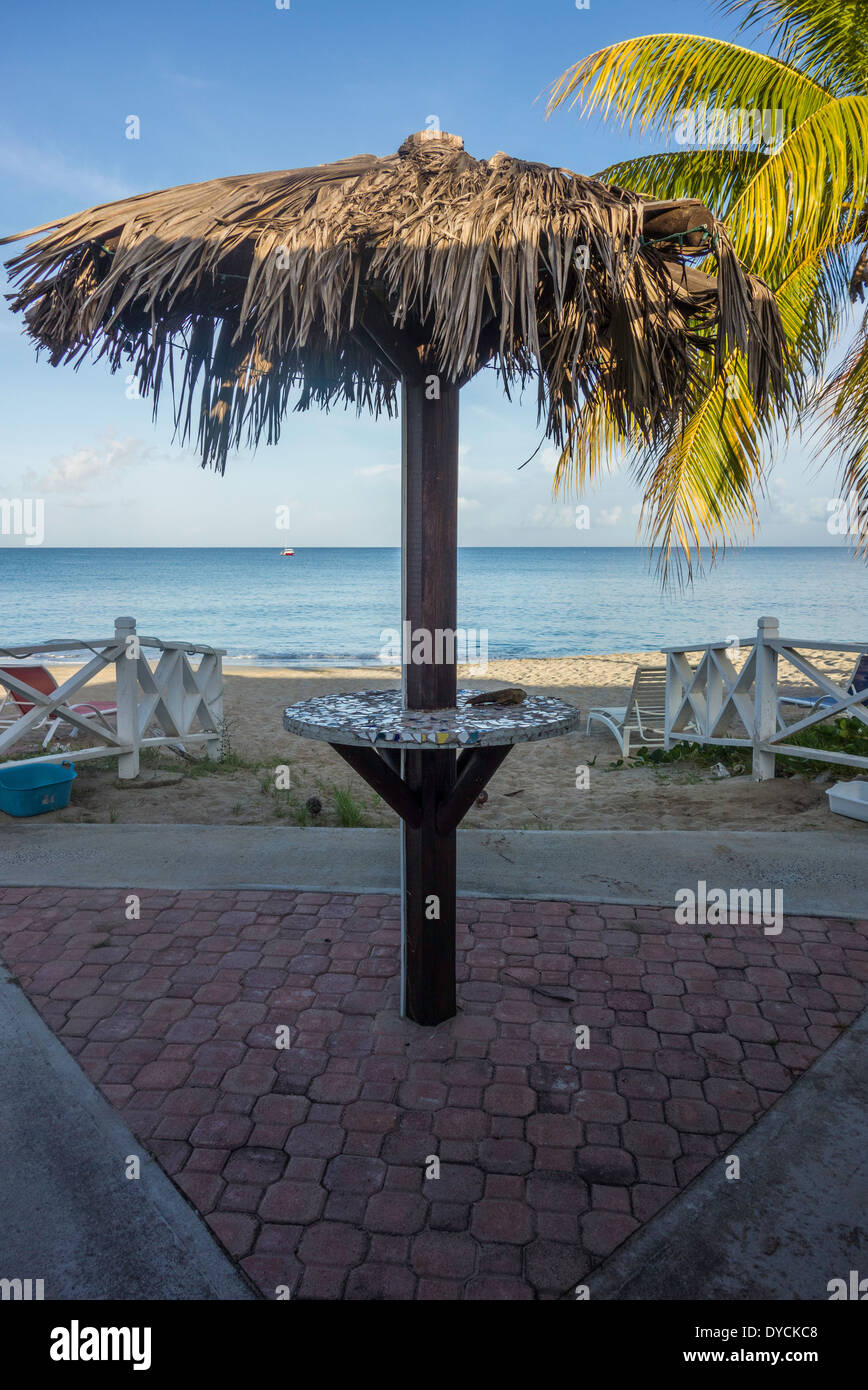 A small table, a palapa, shaded with dried fronds from palm trees on a ...