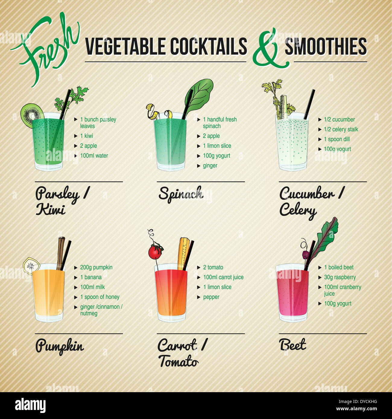 FRESH VEGETABLE COCKTAILS & SMOOTHIES vector illustration and receipt ...