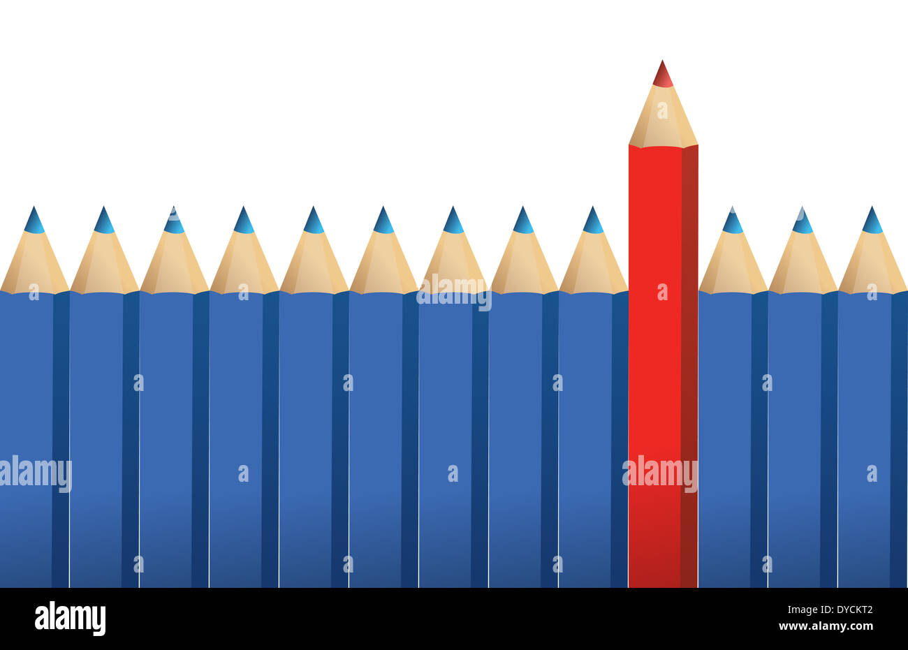 Blue pencils and one red crayon standing out from the crowd ...