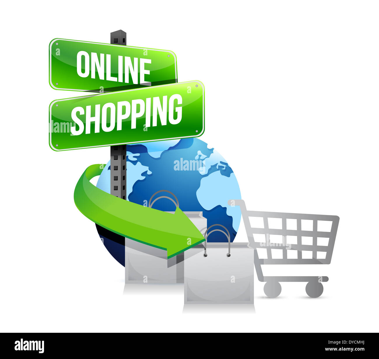 global shopping concept with shopping cart, bags and sign illustration ...