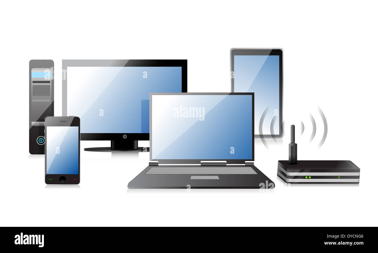 Computer, Laptop Tablet and Phone, router illustration design Stock ...
