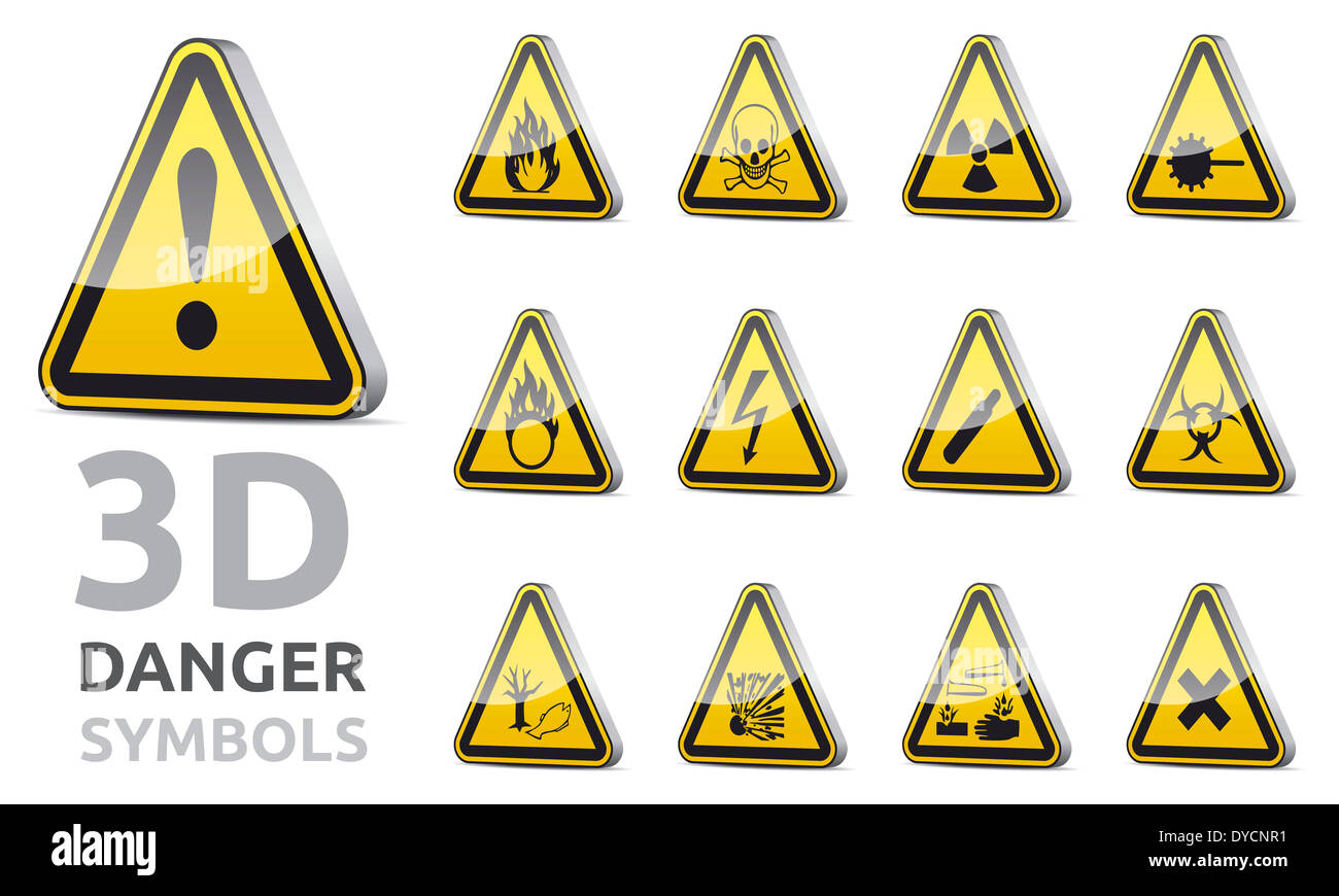 3D isolated Triangle danger and warning sign collection with reflection ...