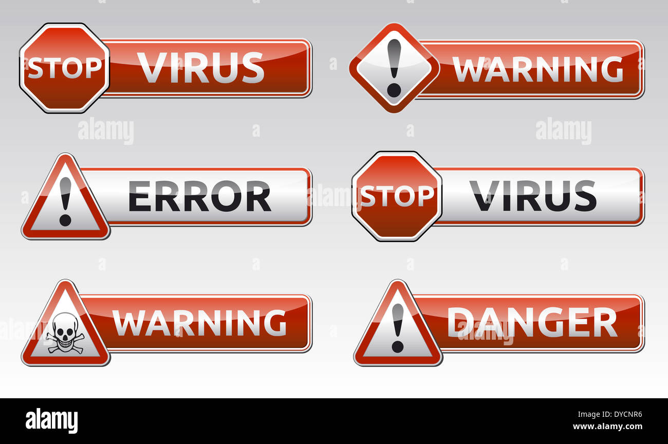 Isolated virus error, warning icon, sign collection with reflection and ...