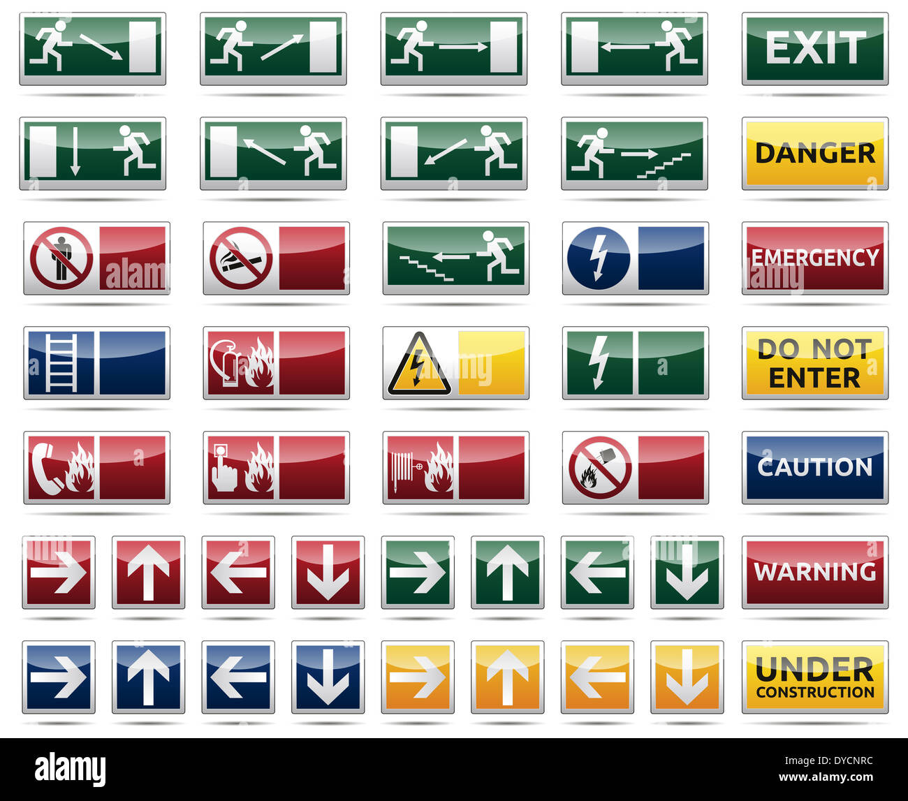 Isolated warning, exit, emergency sign collection with reflection and ...
