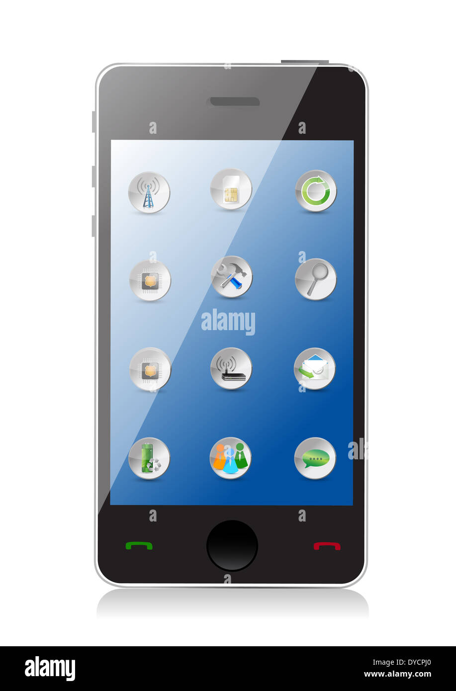 mobile phone and the symbols of its functions on a white background ...
