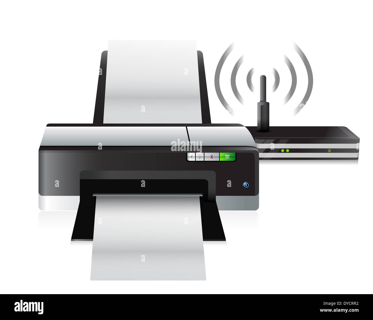printer and router connection illustration design over a white ...