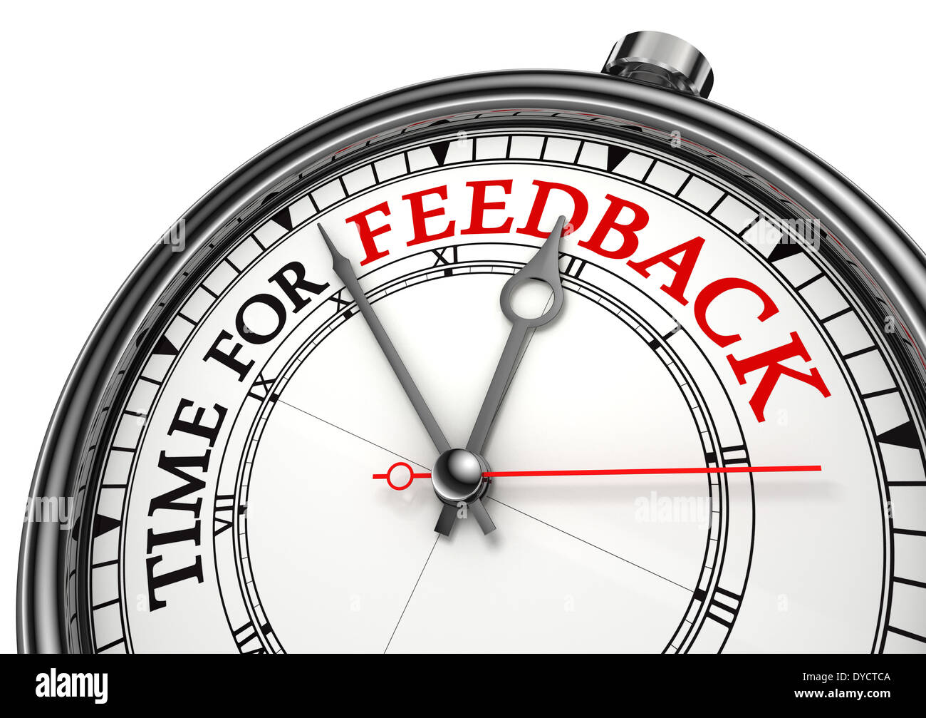 time for feedback concept clock on white background with red and black ...