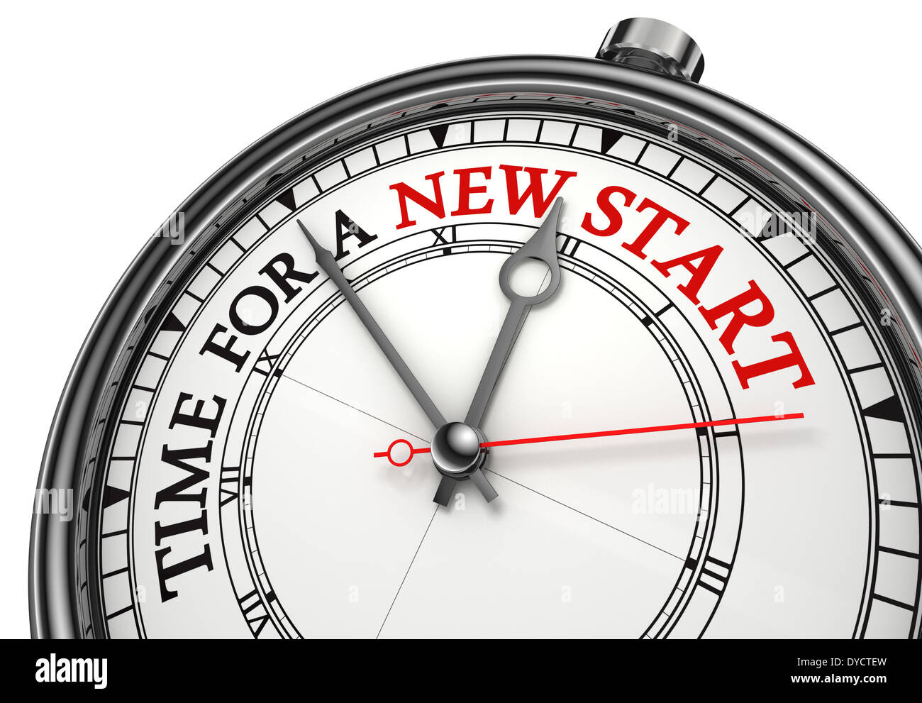 time for a new start concept clock closeup on white background with red ...