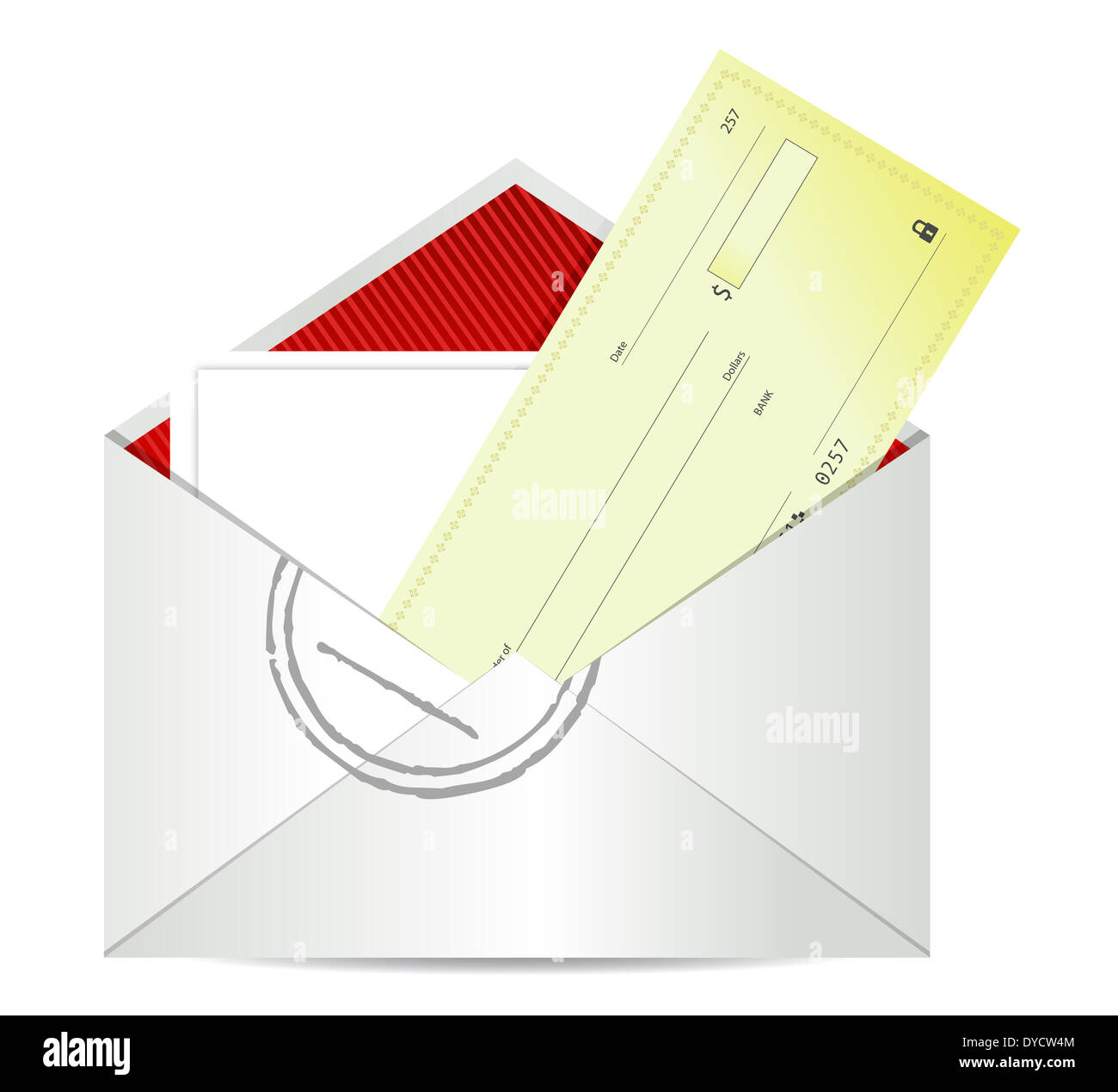 Blank check in envelope isolated on white background Stock Photo - Alamy