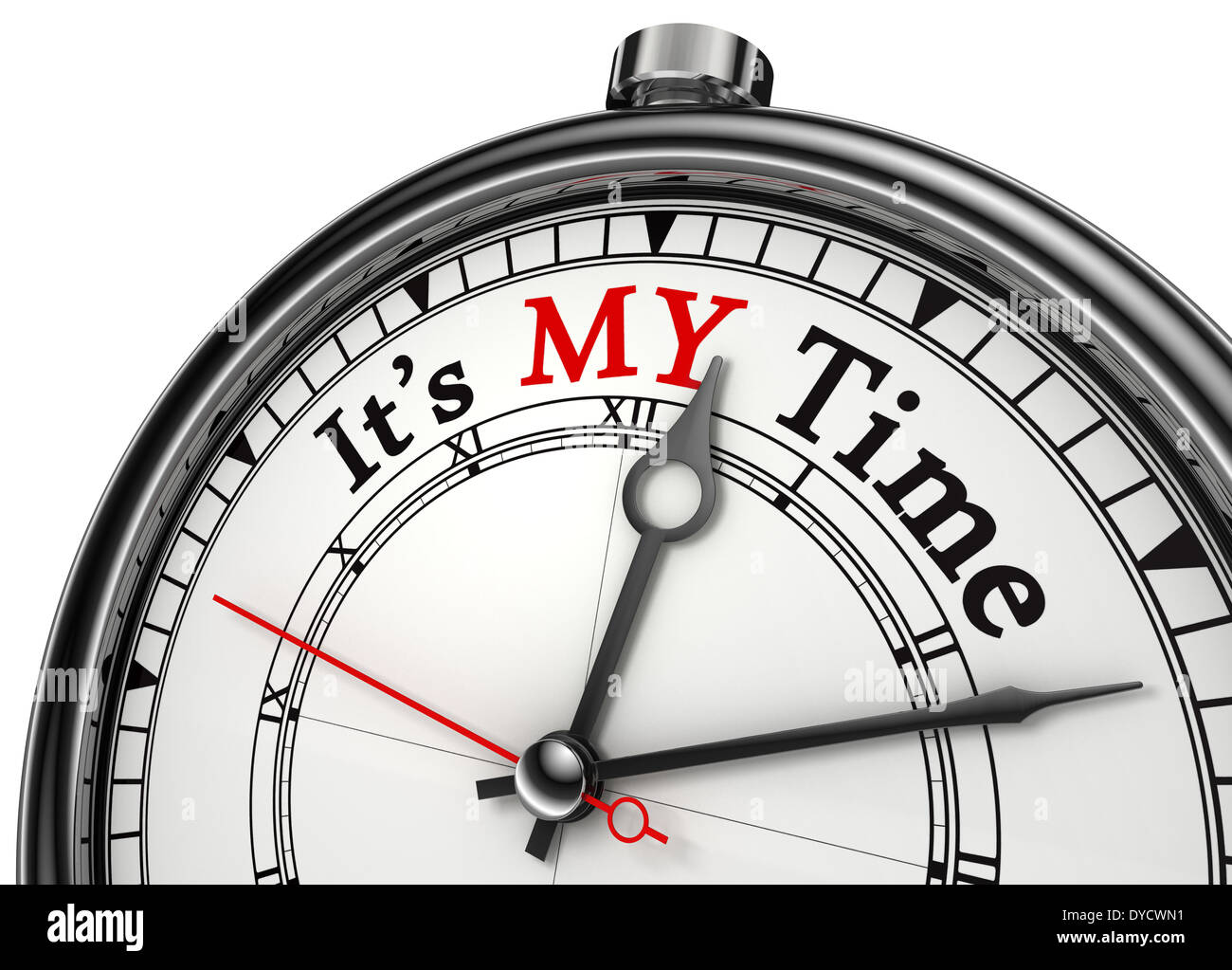 my time concept clock closeup isolated on white background with red and ...