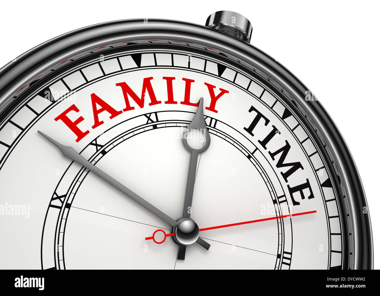 family time concept clock closeup isolated on white background with red ...