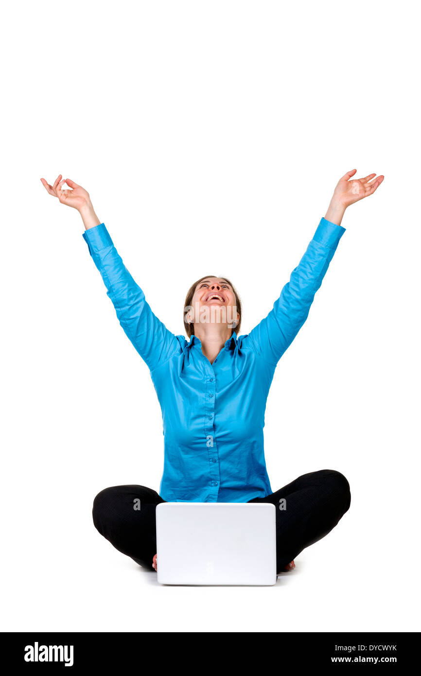 Happy woman with laptop computer isolated on white Stock Photo - Alamy