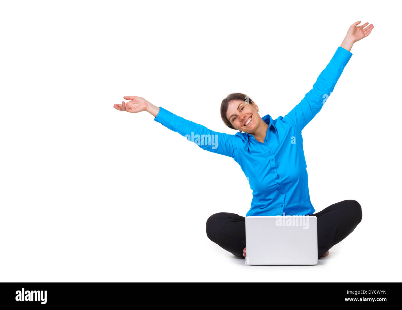 Happy woman with laptop computer isolated on white Stock Photo - Alamy
