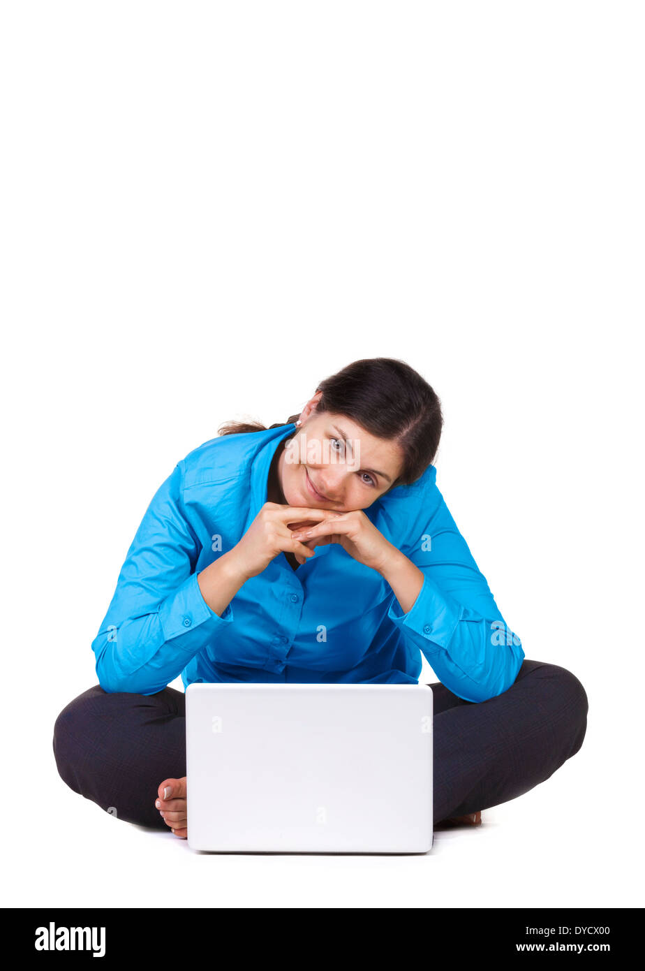 Happy woman with laptop computer isolated on white Stock Photo - Alamy