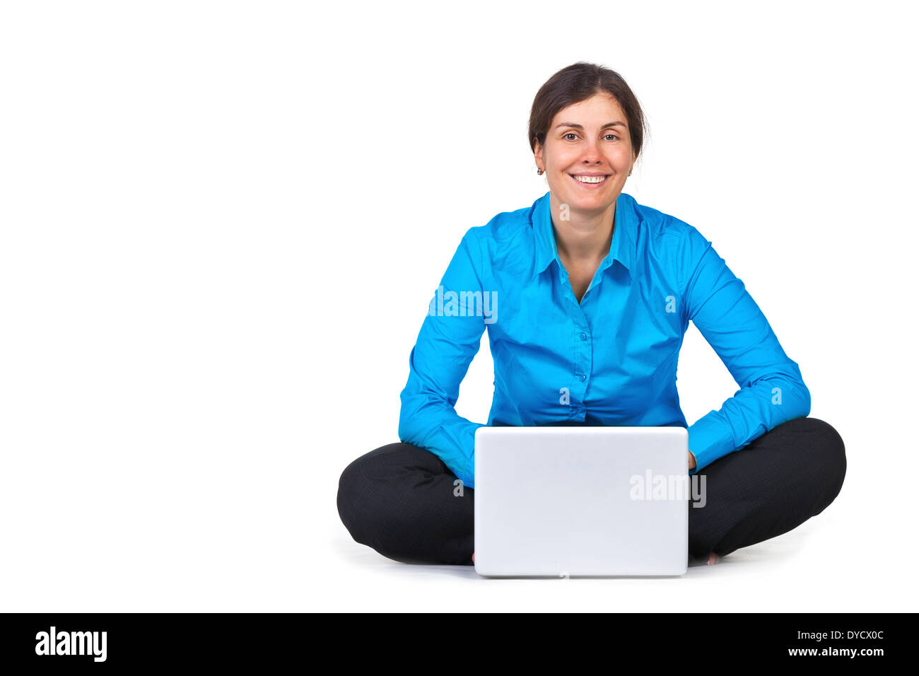 Happy woman with laptop computer isolated on white Stock Photo - Alamy