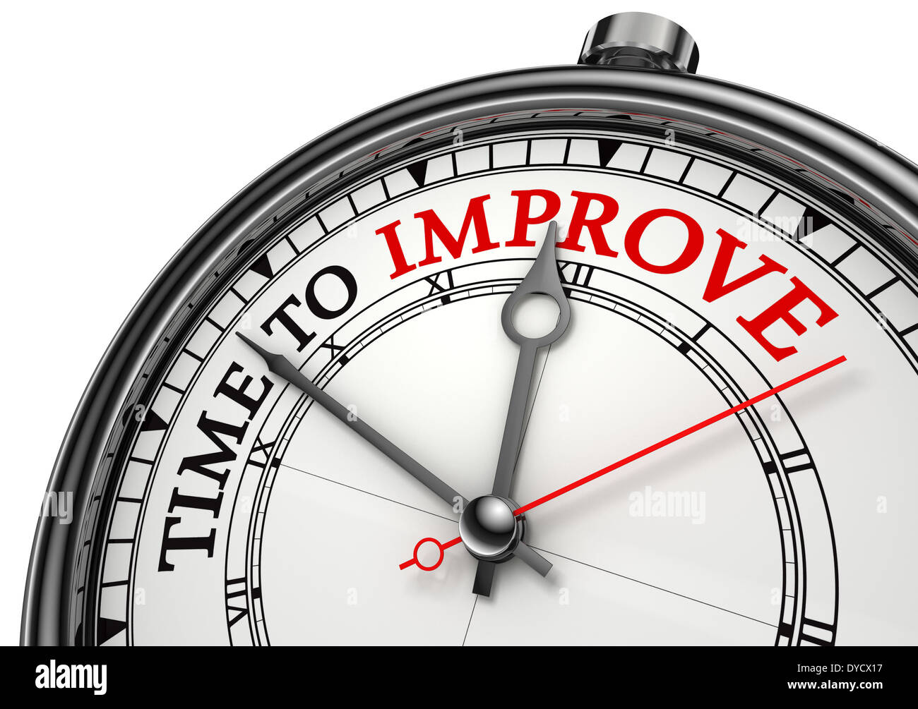 time to improve concept clock closeup isolated on white background with ...