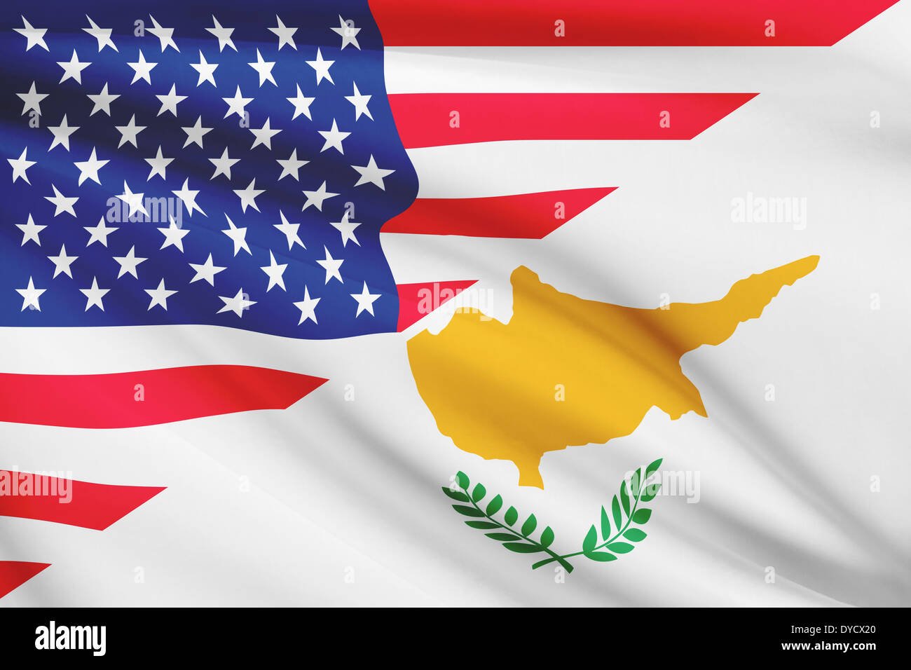Flags of USA and Republic of Cyprus blowing in the wind. Part of a ...