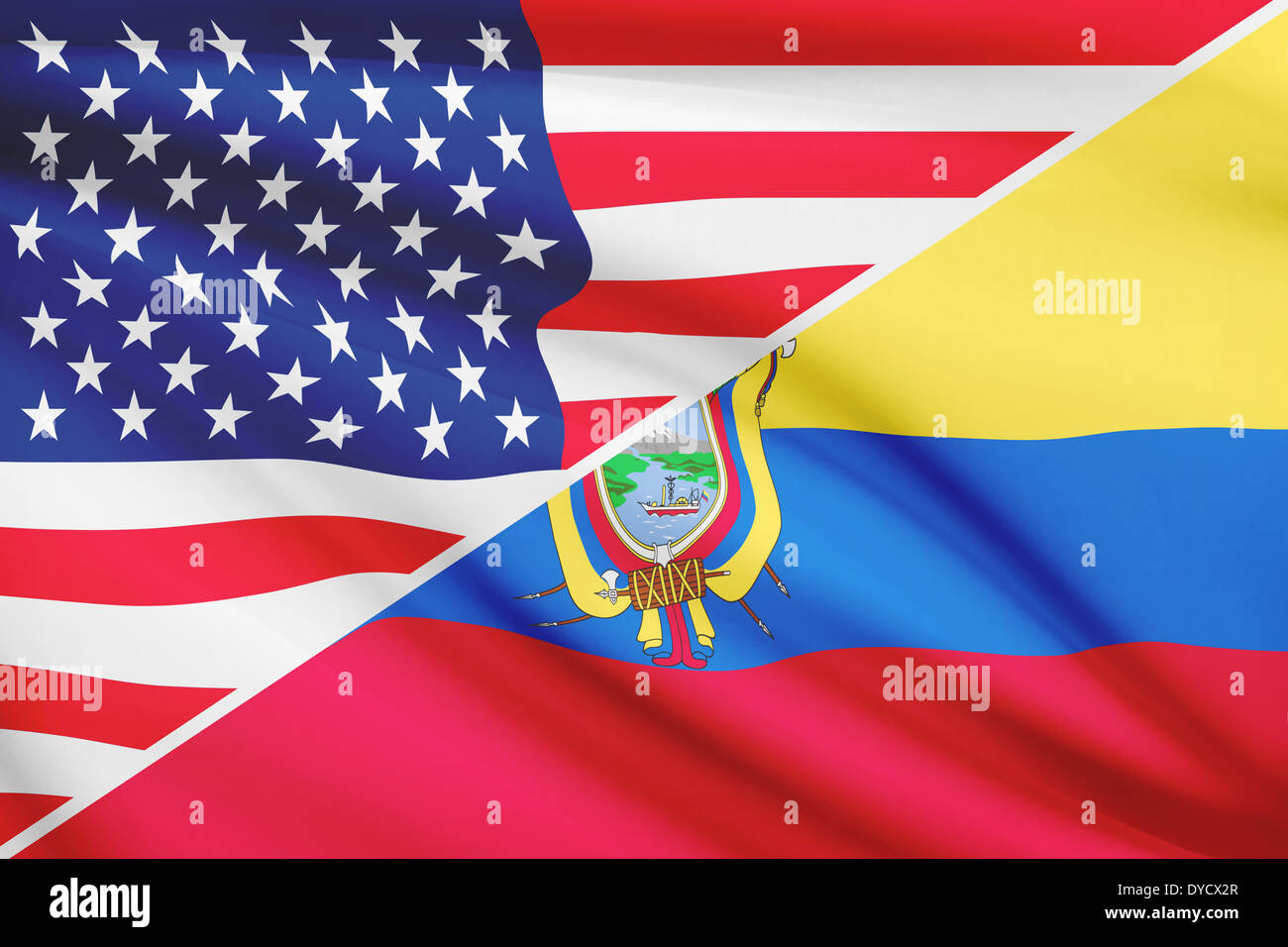 Flags of USA and Republic of Ecuador blowing in the wind. Part of a ...