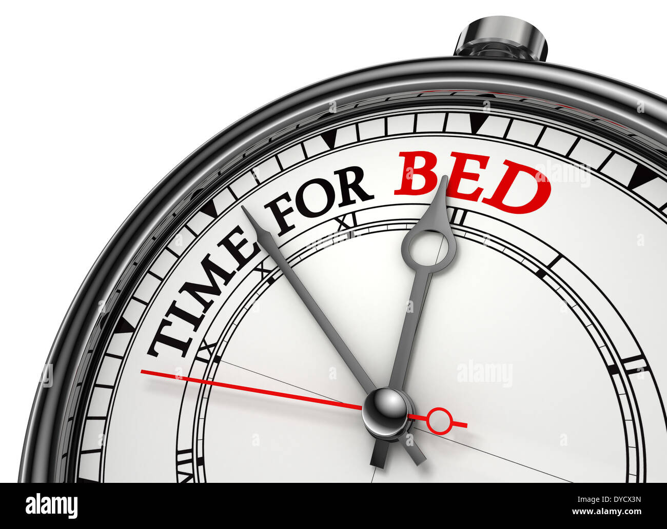 time for bed concept clock closeup isolated on white background with ...