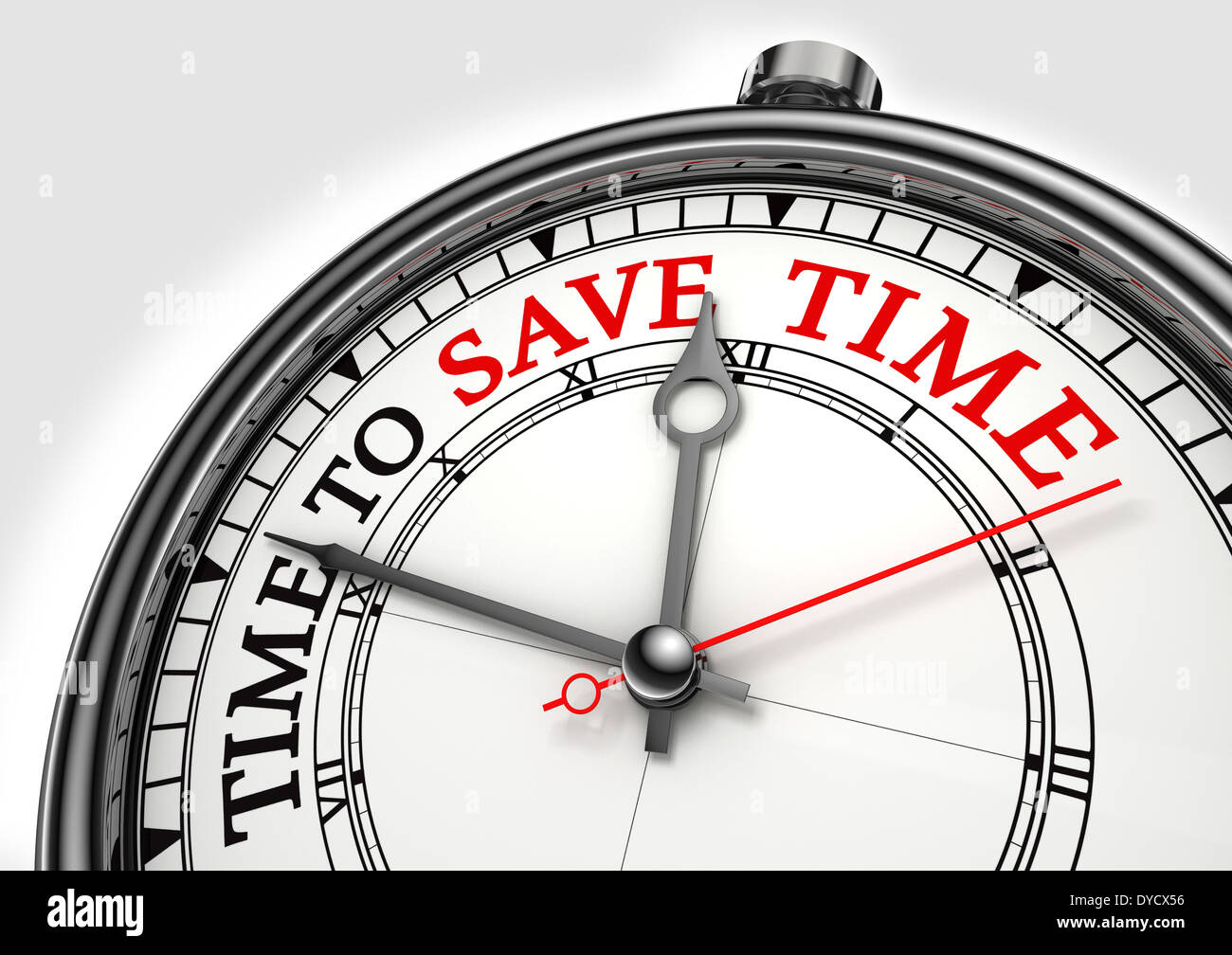 time to save time concept clock closeup on white background with red ...