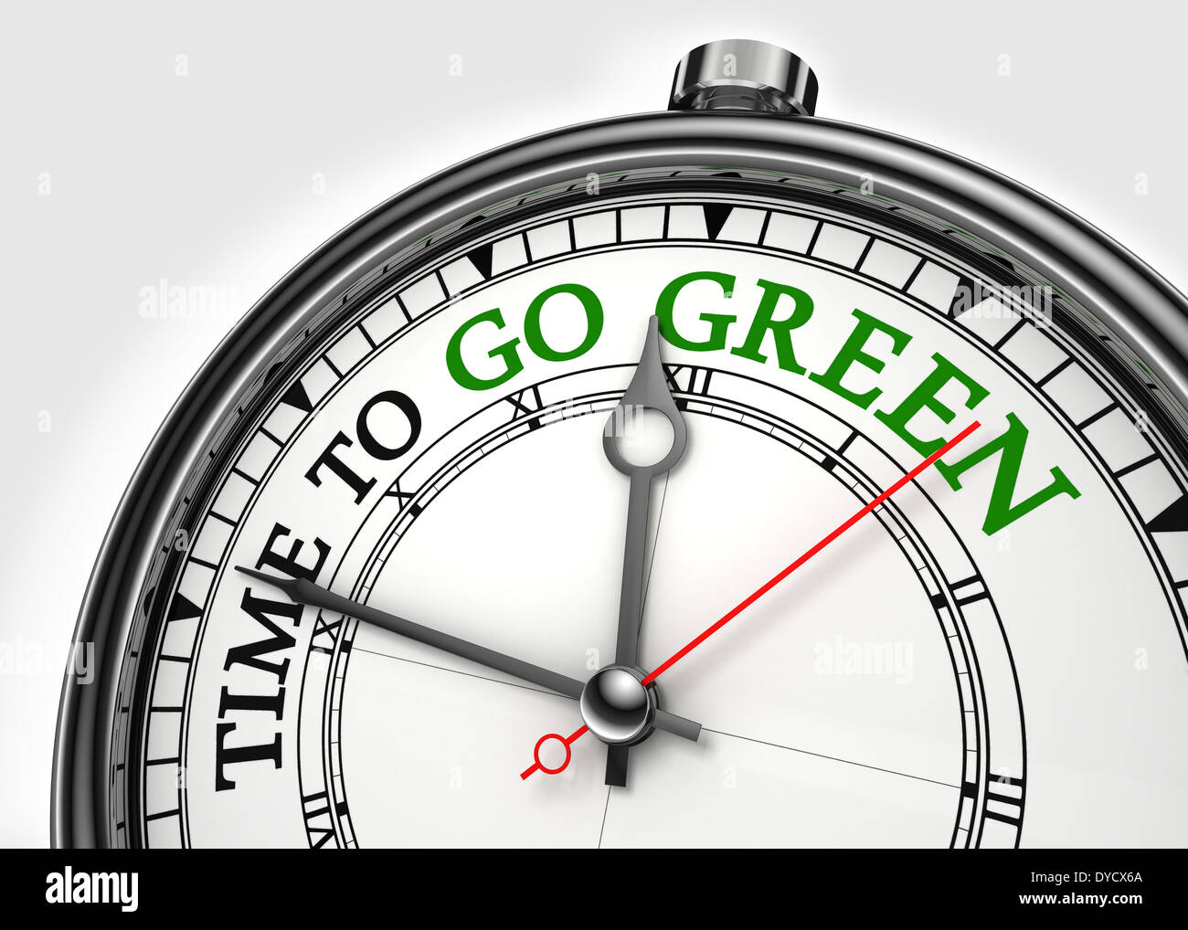 time to go green concept clock closeup on white background with red and ...
