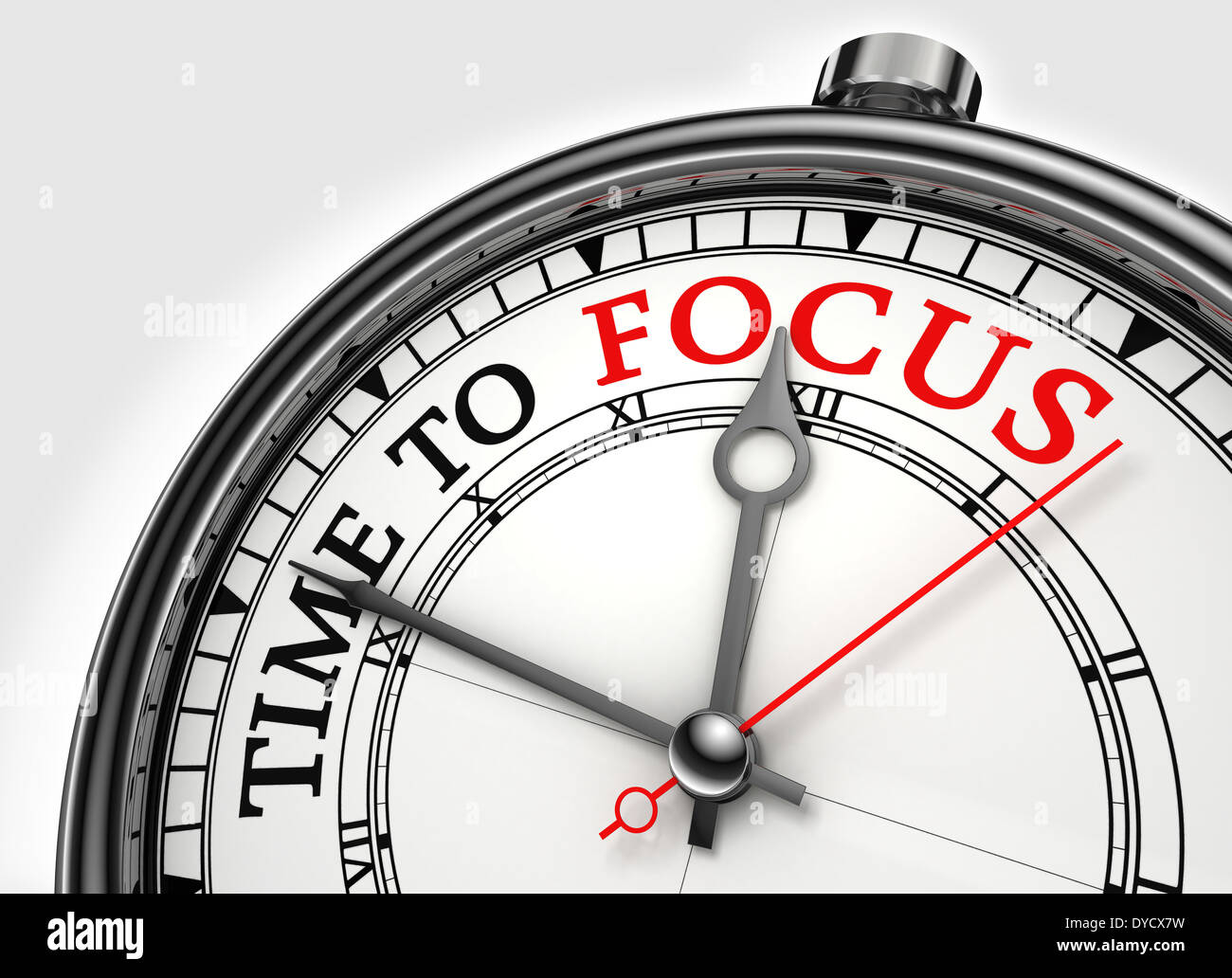 time to focus concept clock closeup on white background with red and ...