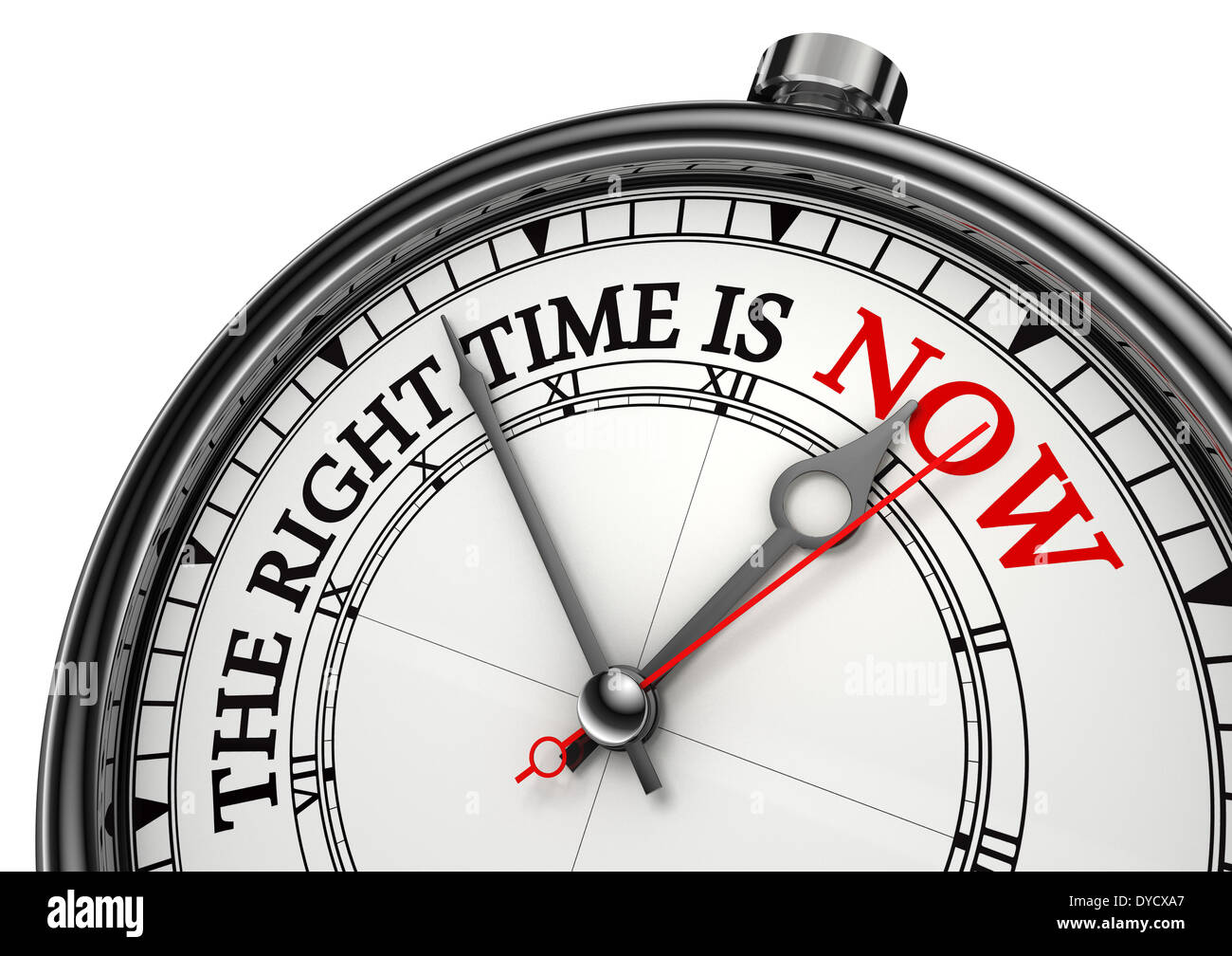 now the right time concept clock closeup on white background with red ...