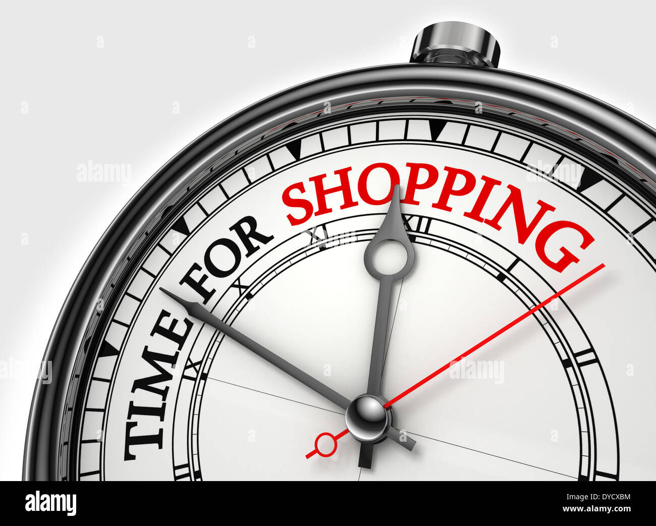 time for shopping concept clock closeup on white background with red ...