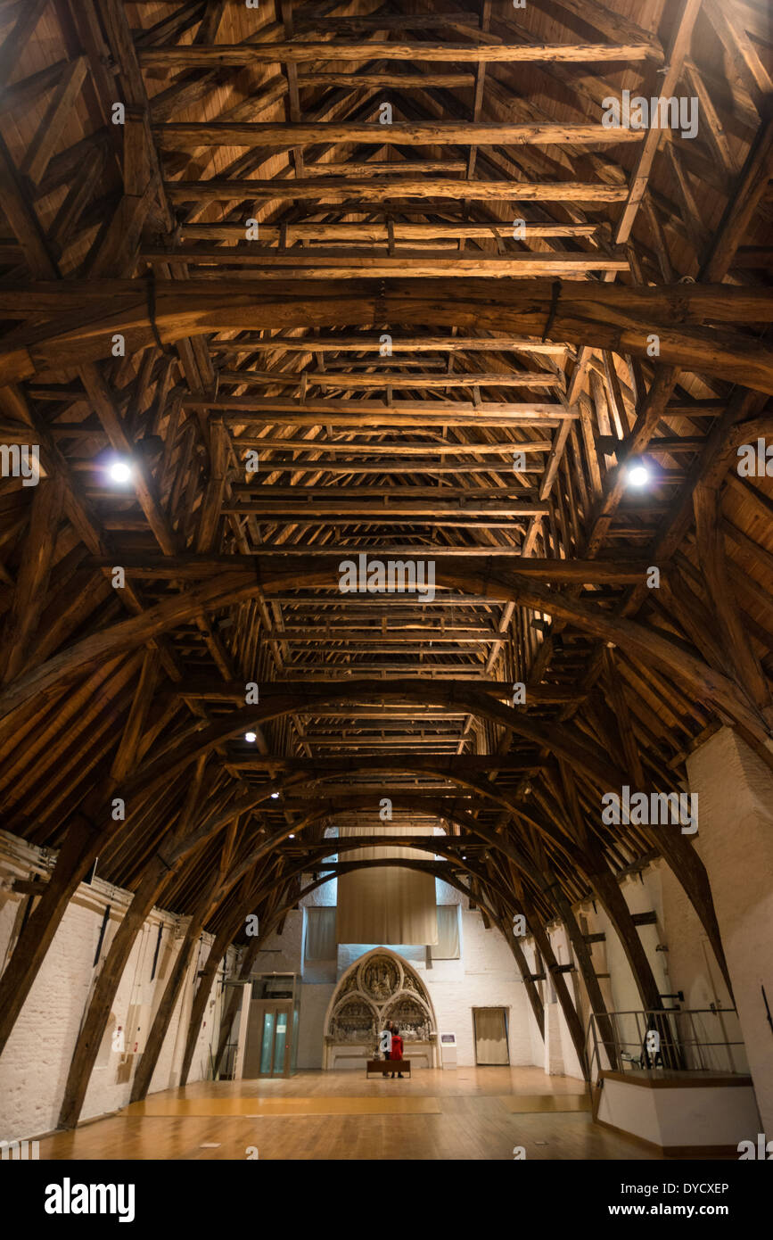 BRUGES, Belgium — Original medieval wooden roof supports remain exposed ...