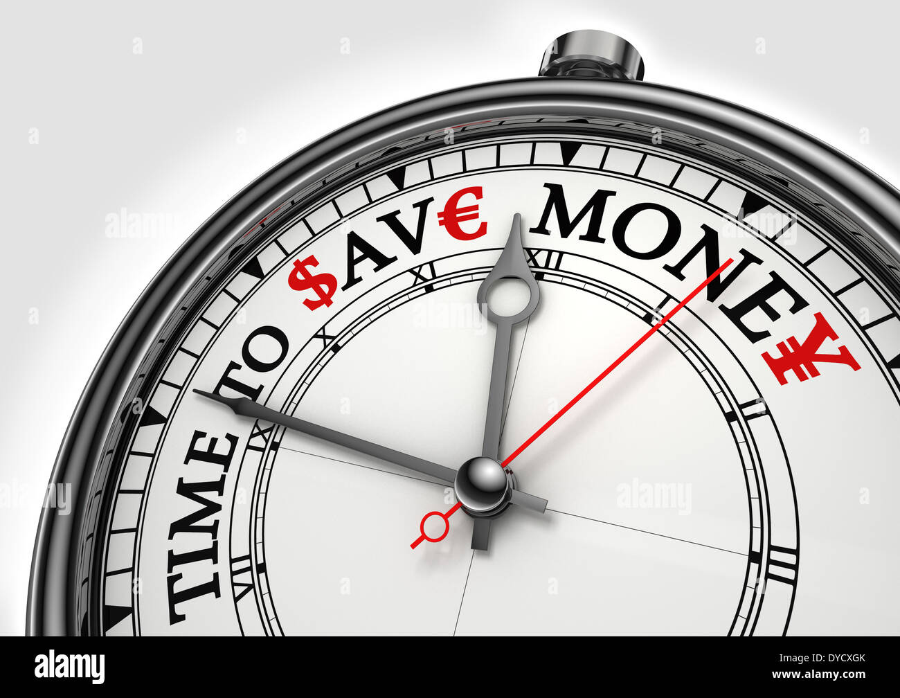time to save money concept clock closeup on white background with red ...