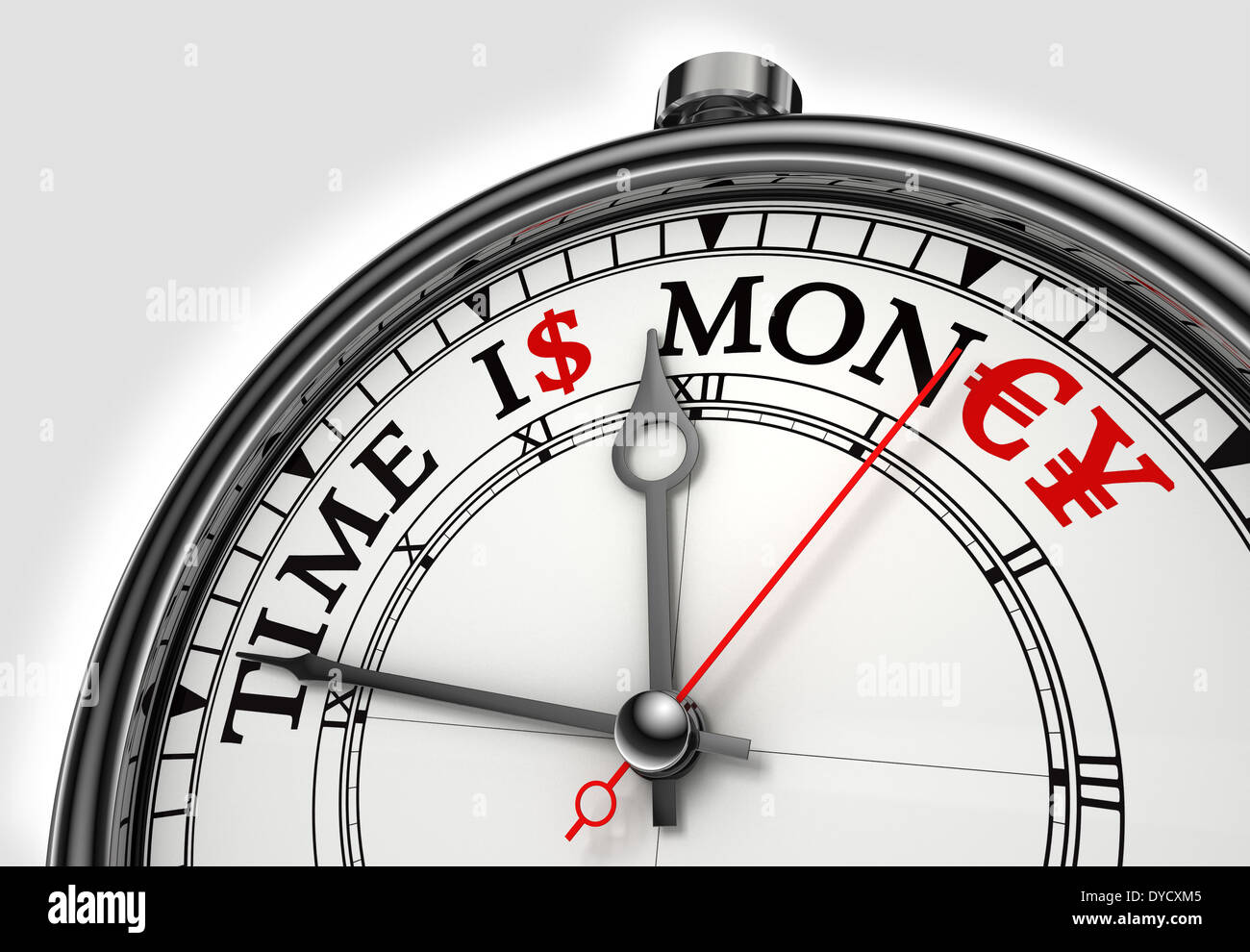 time is money concept clock closeup on white background with red and ...