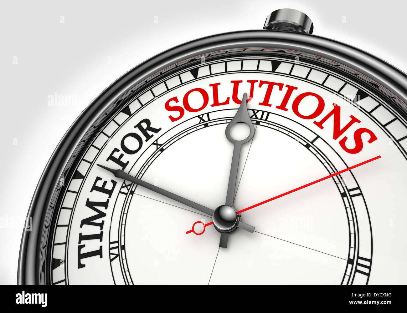 time for solutions concept clock closeup on white background with red ...