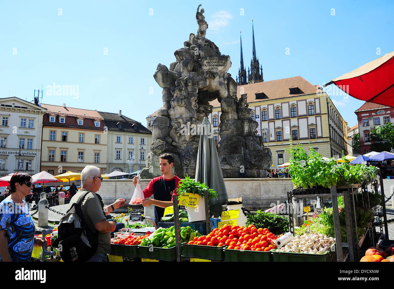 Locals buying vegetables at street food Market in Brno . Brno is the ...