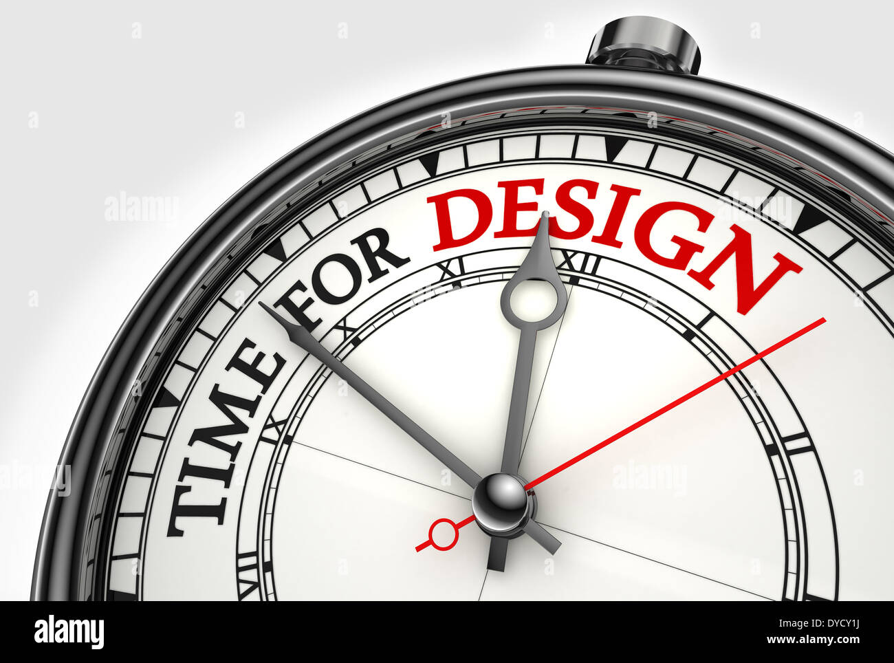 time for design concept clock closeup on white background with red and ...