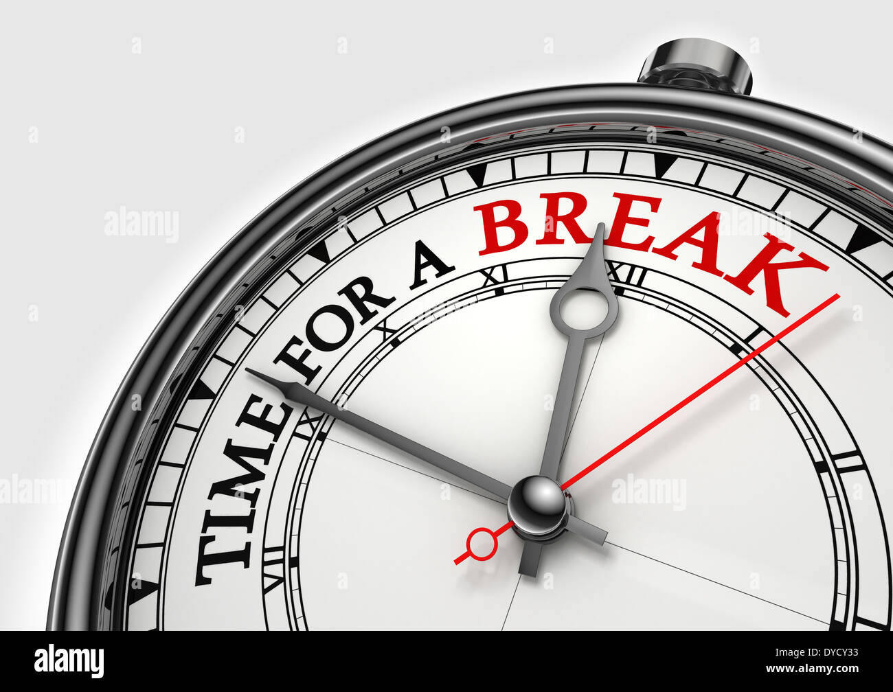 time fora break concept clock closeup on white background with red and ...