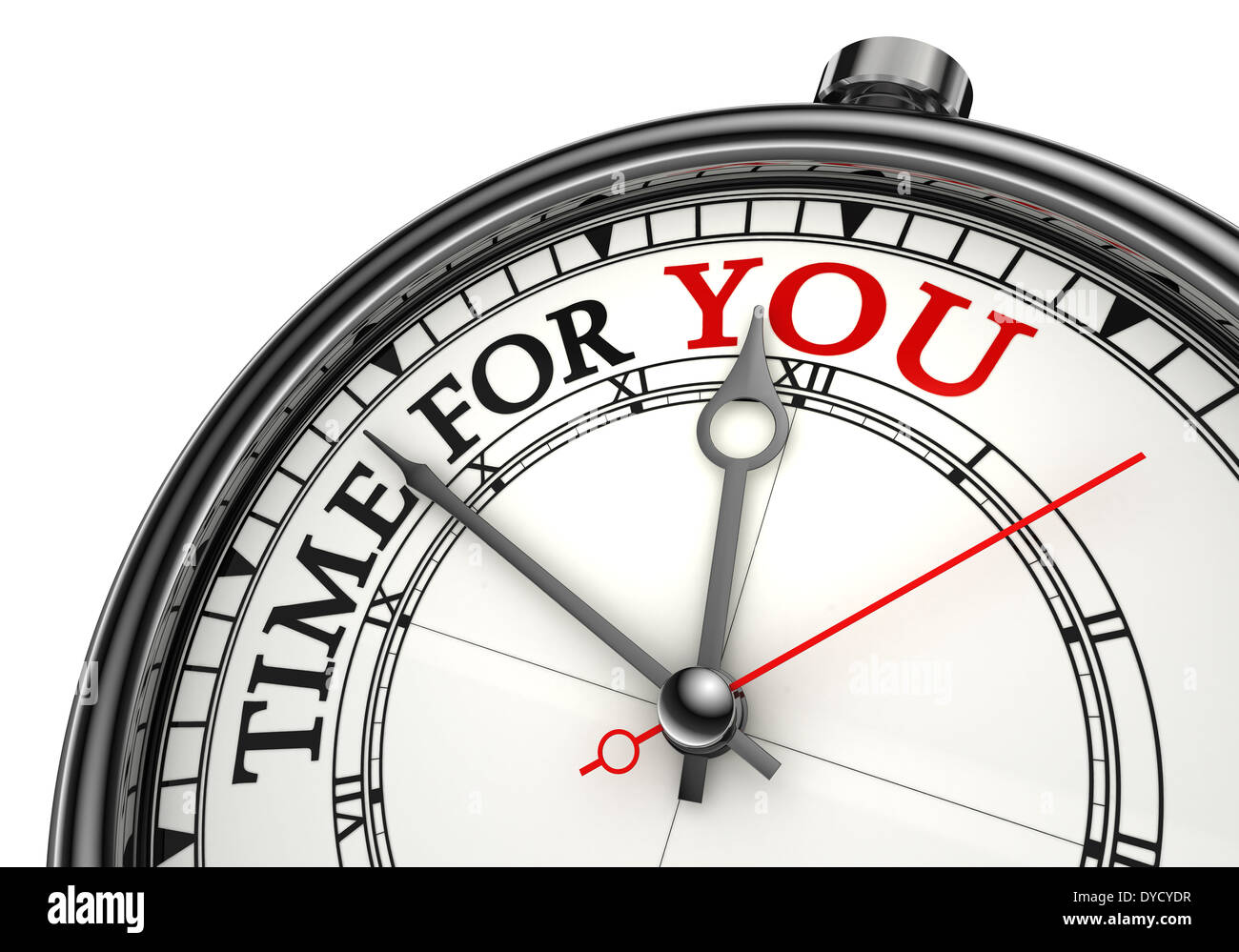 time for you concept clock closeup on white background with red and ...