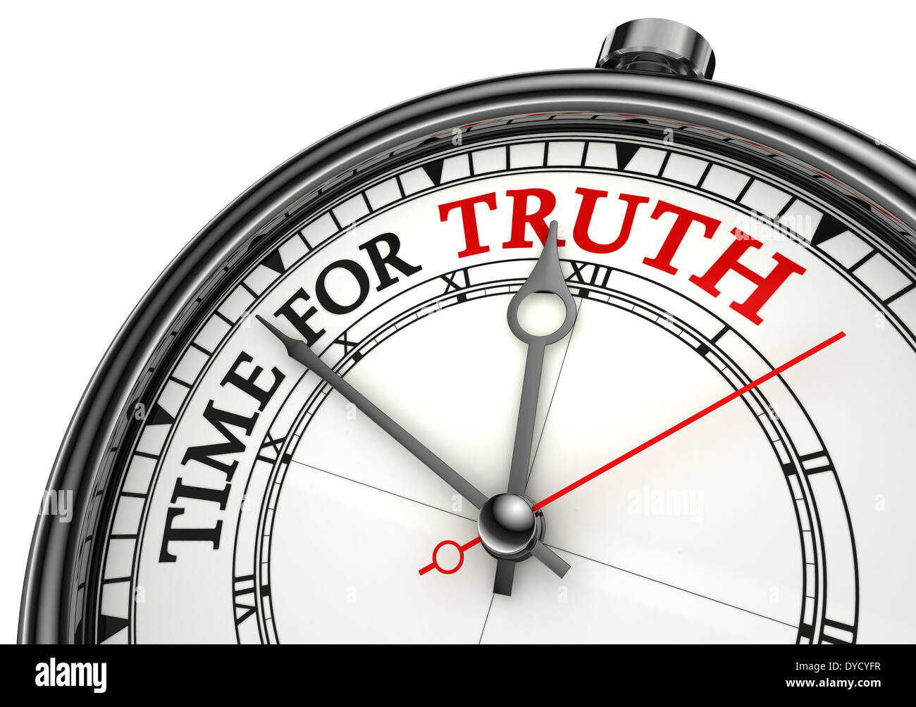 time for truth concept clock closeup on white background with red and ...