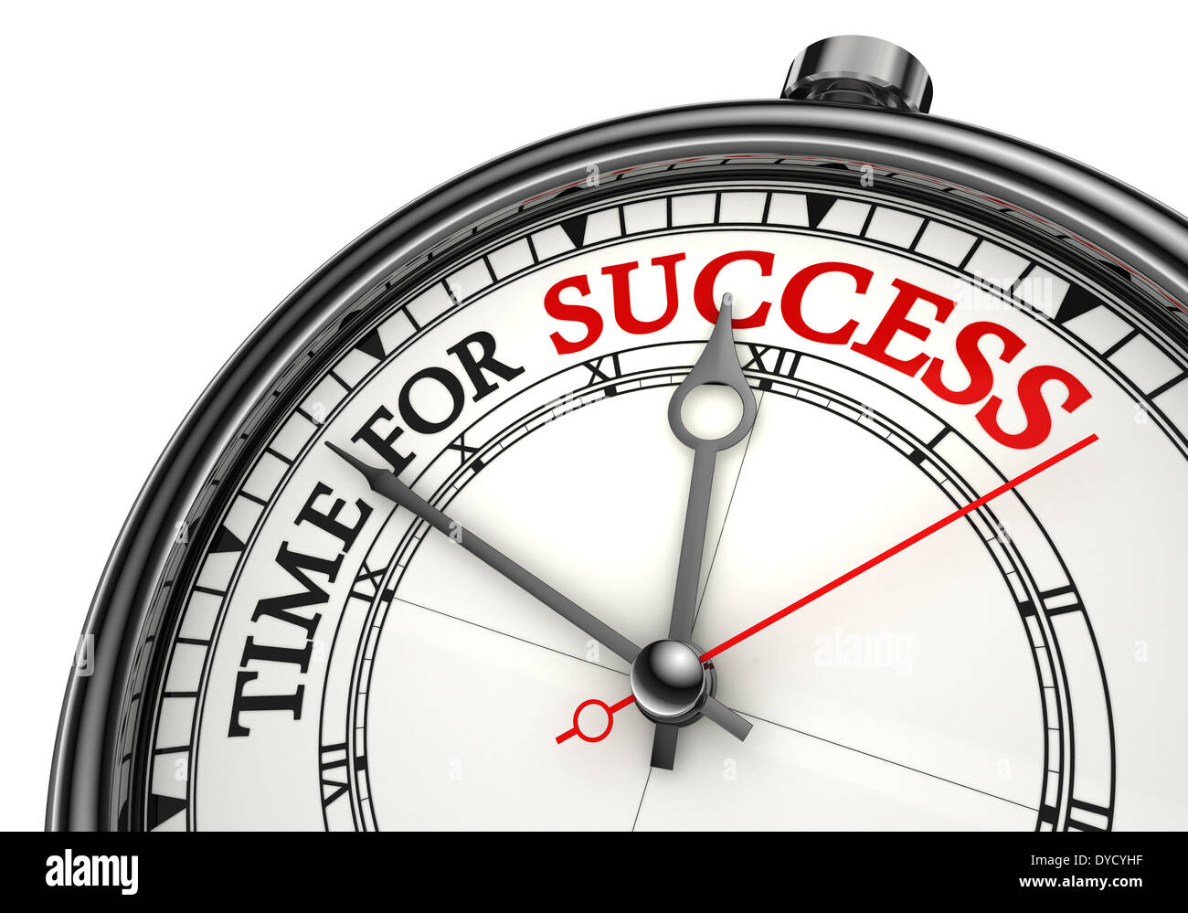 time for success concept clock closeup on white background with red and ...