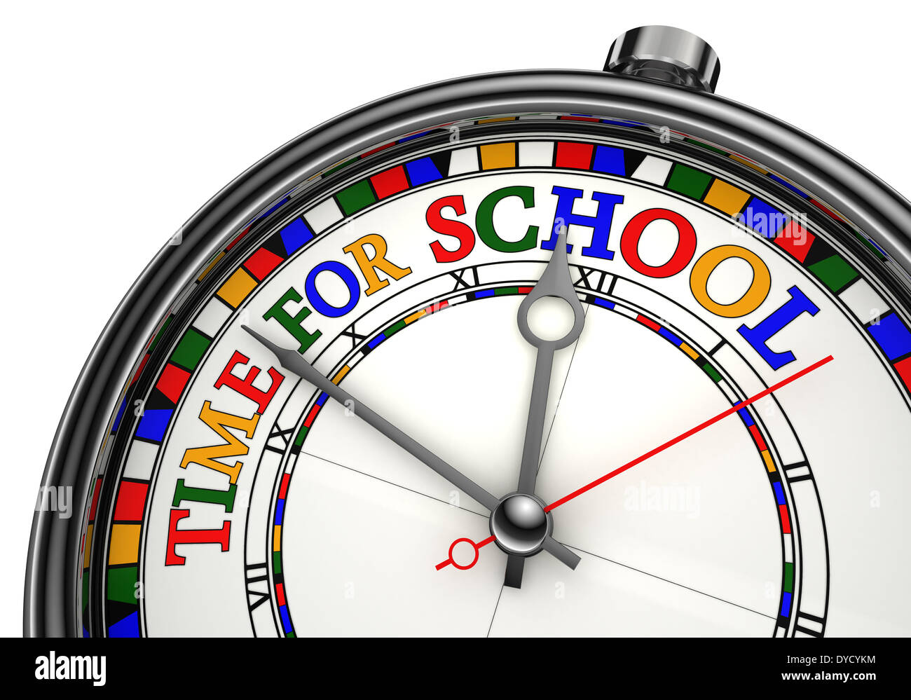 time for school colorful concept clock closeup on white background with ...