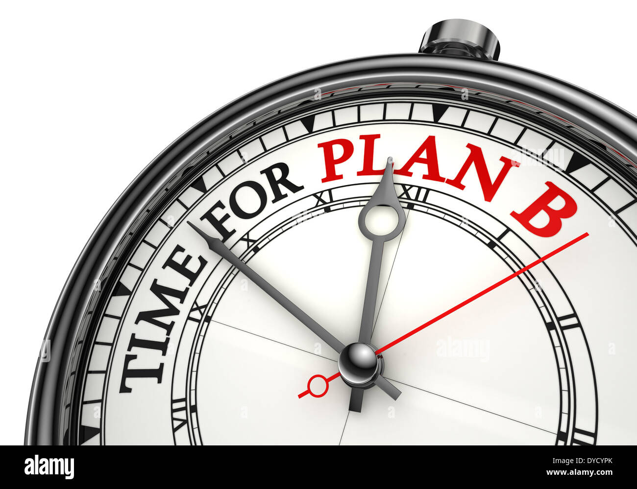 time for plan b concept clock closeup on white background with red and ...