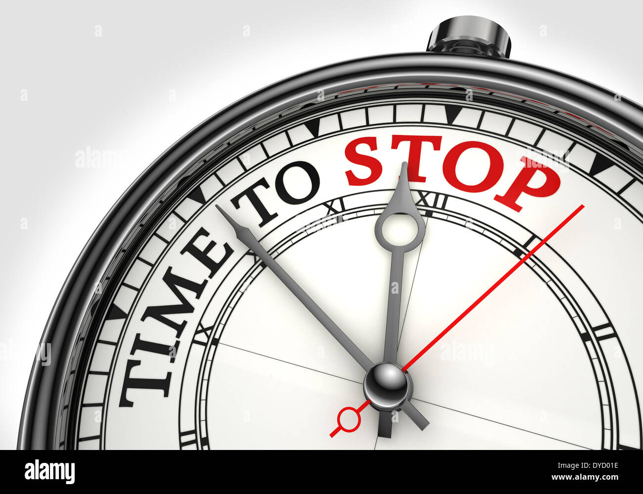 Time To Stop Concept Clock Closeup On White Background With Red And