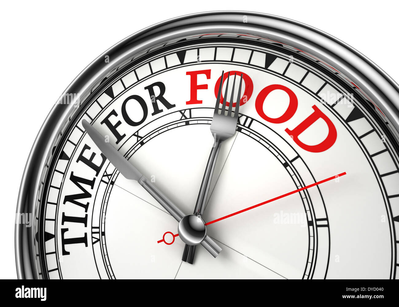 time for food concept clock closeup on white background with red and ...