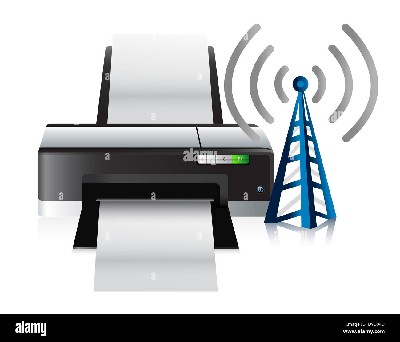 printer and connection tower illustration design over a white ...