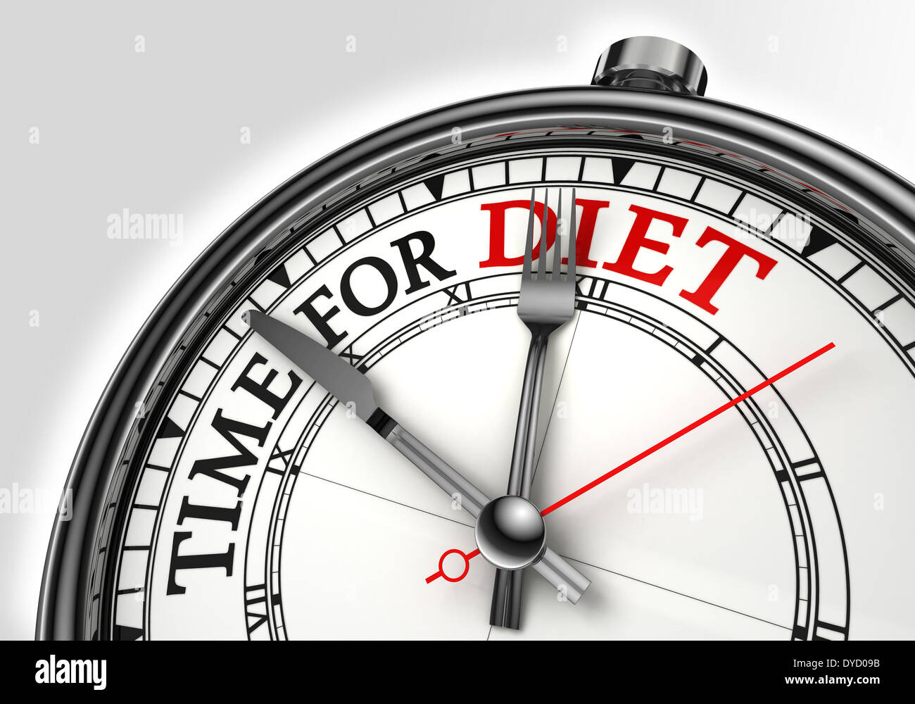 diet time concept clock closeup on white background with red and black ...